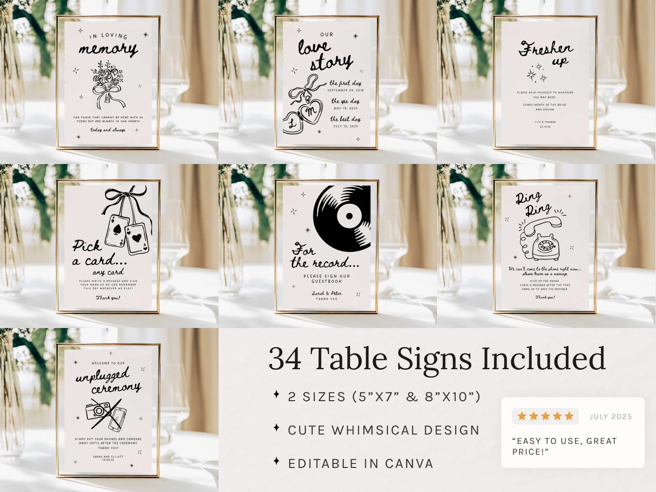 Wedding Table Sign Bundle, Editable Whimsical Wedding Sign Template ...