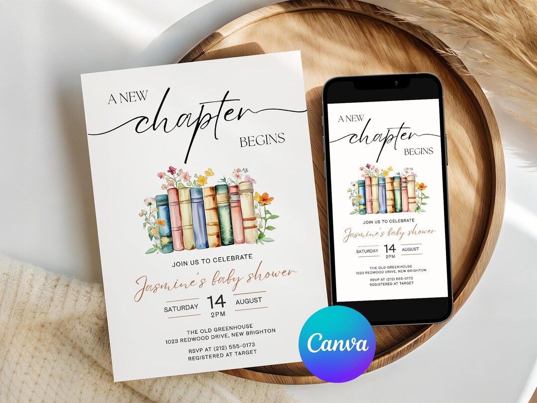 A New Chapter Book Themed Baby Shower Invitation: Editable Canva ...