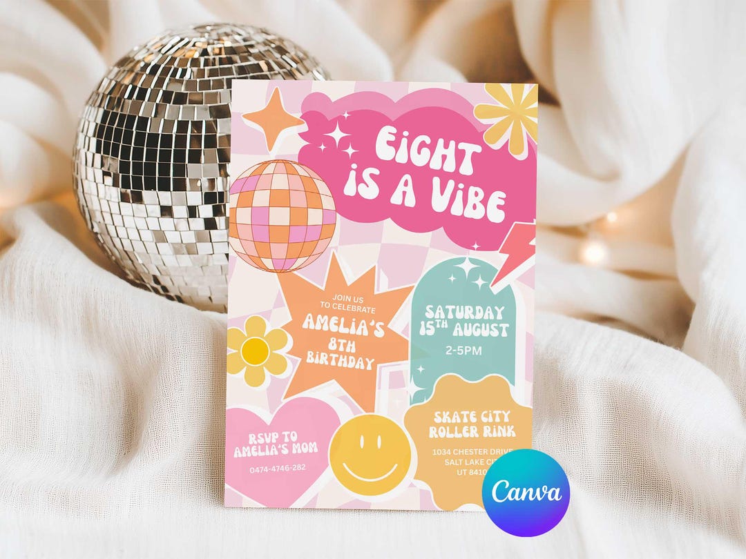 Eight is a Vibe Retro Discoball Invitation, 8th Birthday Disco Party ...
