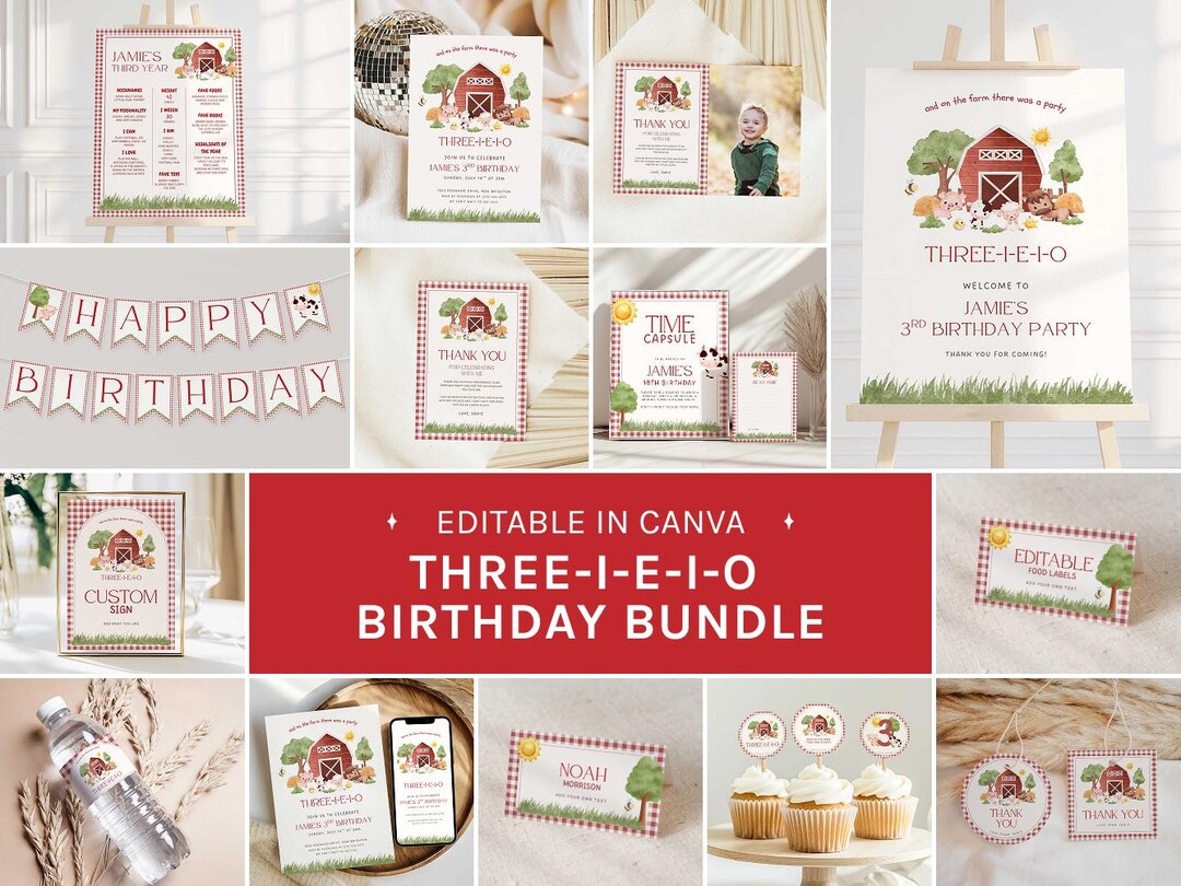 Three IEIO 3rd Birthday Bundle, Farm Animals 3rd Birthday Party Invite ...
