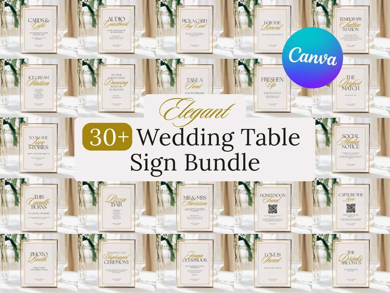 Wedding Table Sign Bundle, Editable Elegant Gold Wedding Sign Template ...