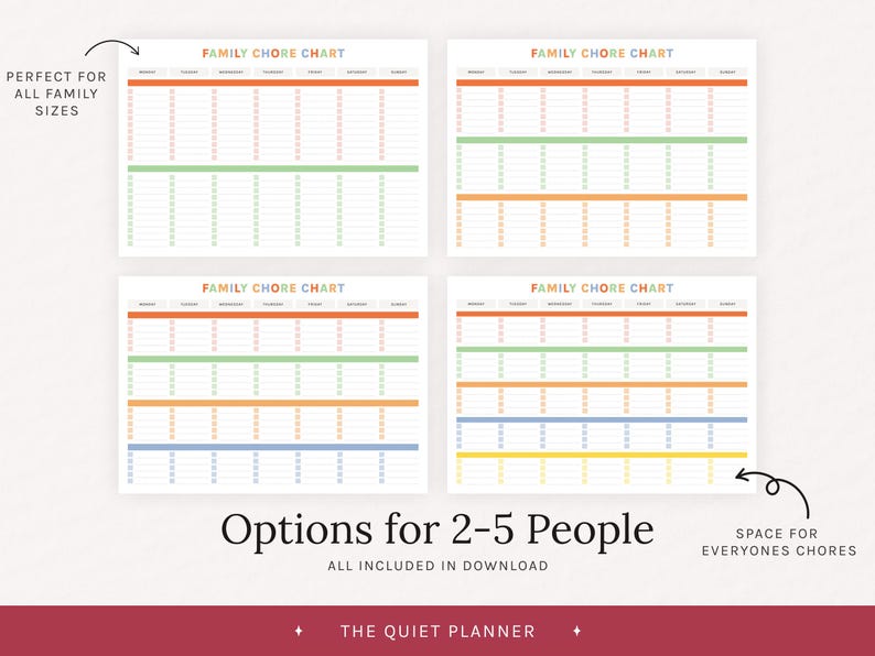 Editable Family Chore Chart, 2,3,4,5 People, Printable Weekly Household ...