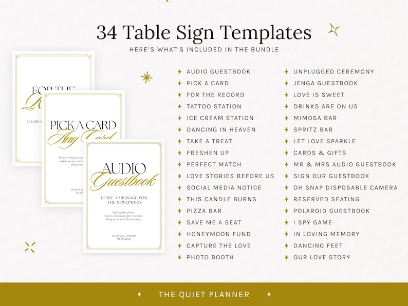 Wedding Table Sign Bundle, Editable Elegant Gold Wedding Sign Template ...