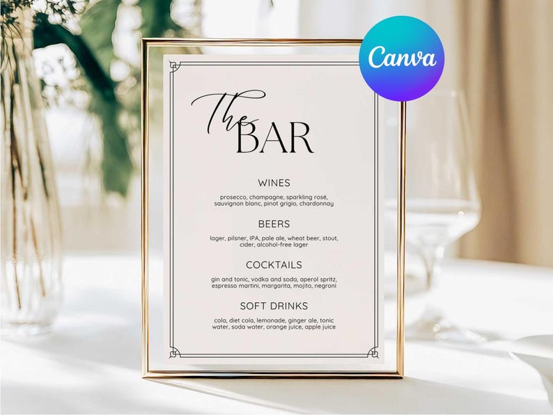 Minimalist Wedding Bar Menu Sign Template, Printable Elegant Drinks ...