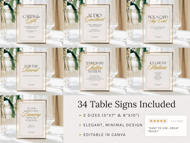 Wedding Table Sign Bundle, Editable Elegant Gold Wedding Sign Template ...