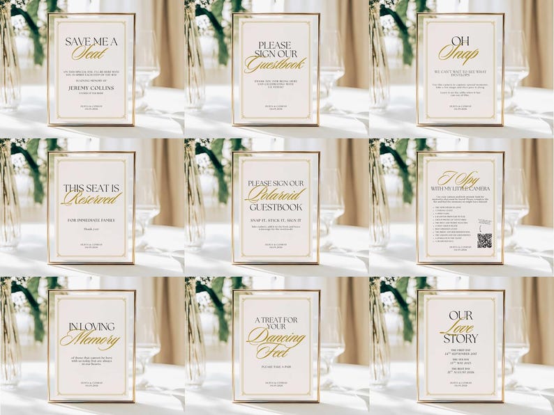 Wedding Table Sign Bundle, Editable Elegant Gold Wedding Sign Template ...