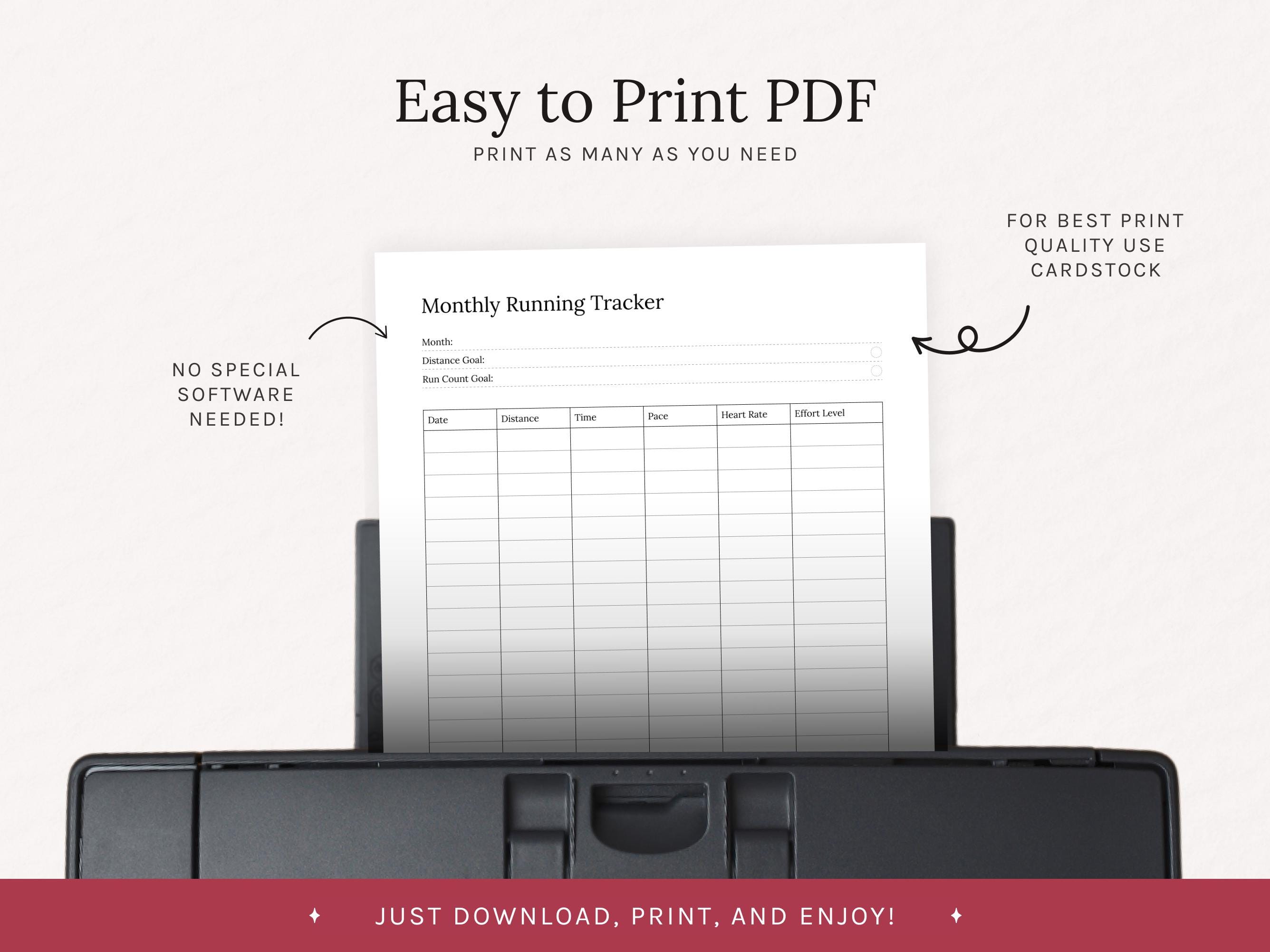 Monthly Running Tracker, Printable Running Log, Cardio Fitness Goal ...