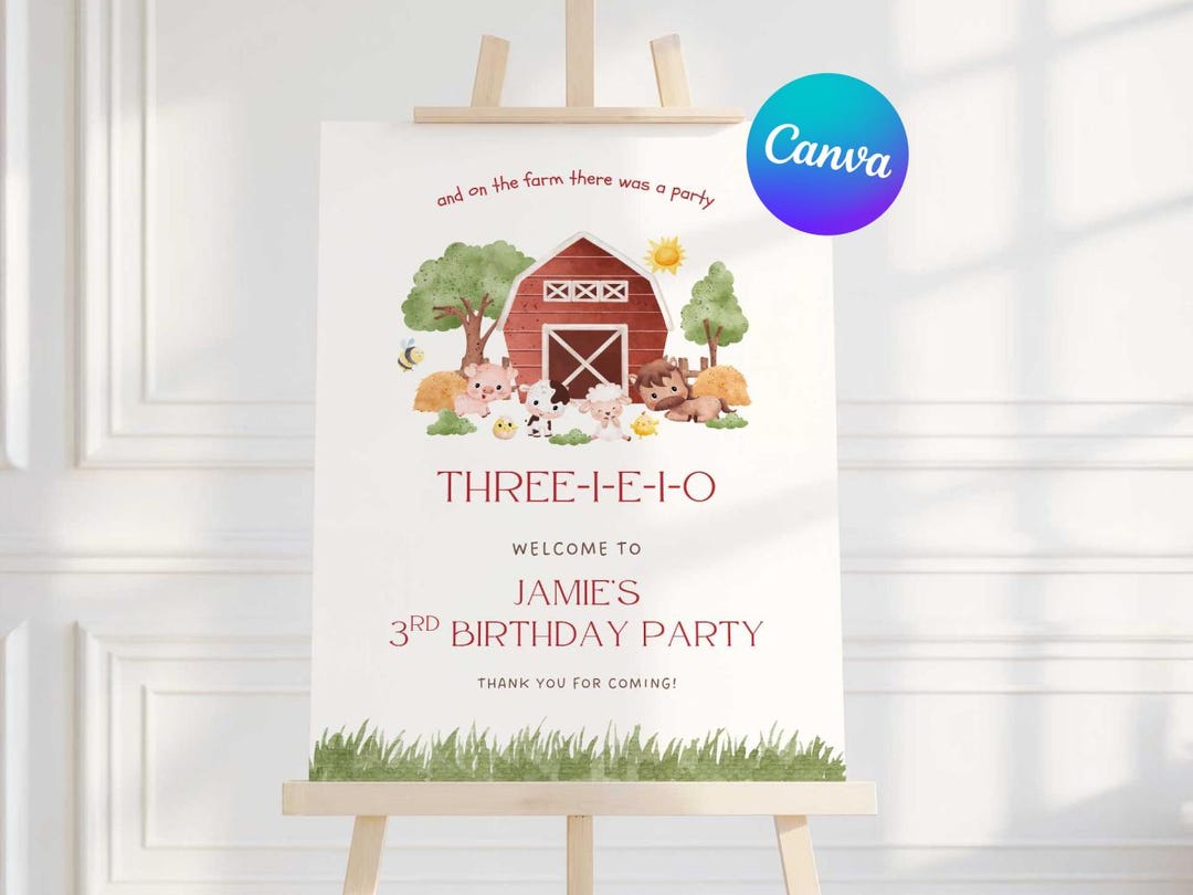 Three IEIO 3rd Birthday Welcome Sign, Editable Farm Animals Barnyard ...