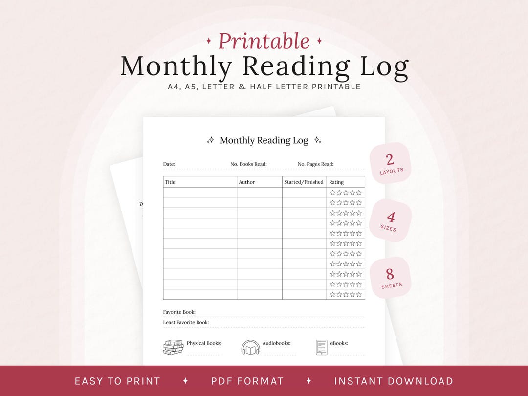 Printable Monthly Reading Tracker, Reading Progress Tracker, Monthly ...