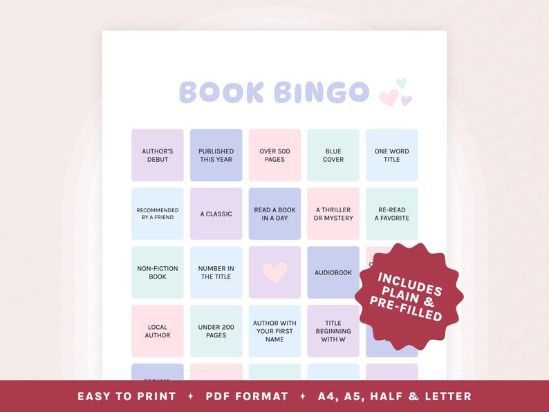 Pastel Book Bingo Template, Printable Reading Bingo Sheets, Reading ...