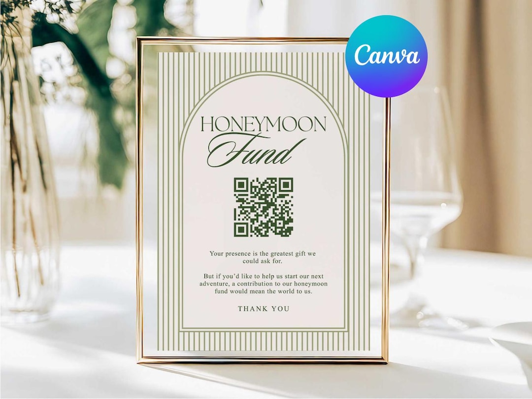 Honeymoon Fund QR Code Sign Template, Old Money Striped Wedding Cash ...