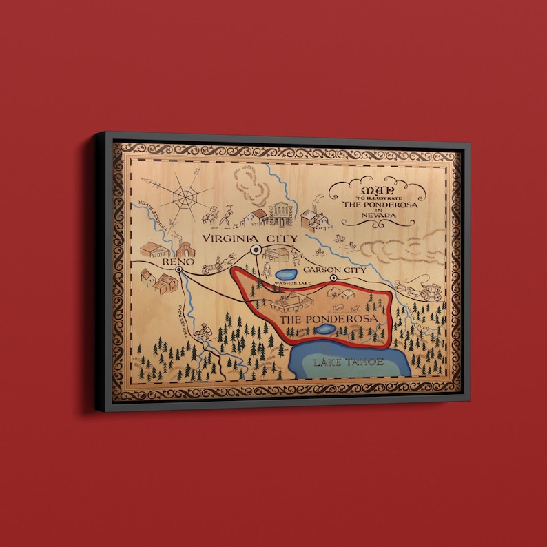 Ponderosa Map Poster, Map of the Ponderosa, Bonanza Map Canvas Art ...