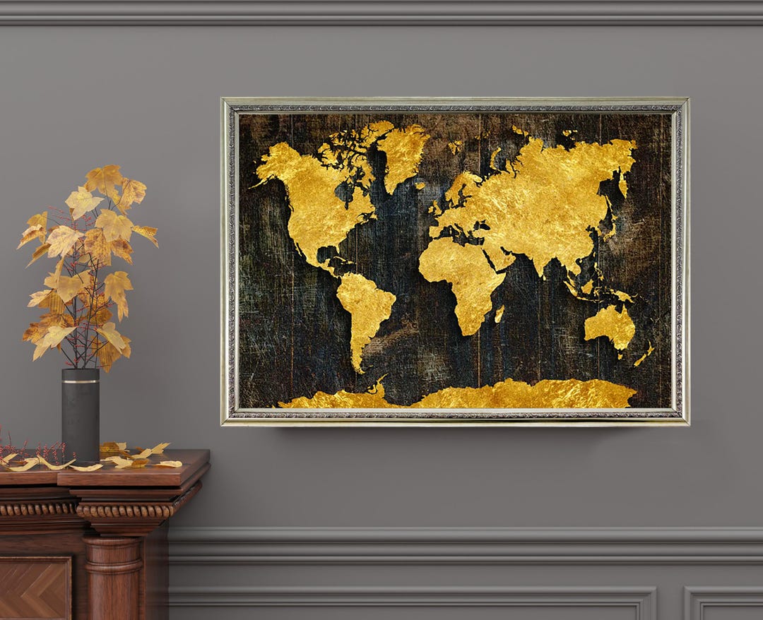 Luxurious Gold World Map Canvas Wall Art | Vintage Distressed Black ...