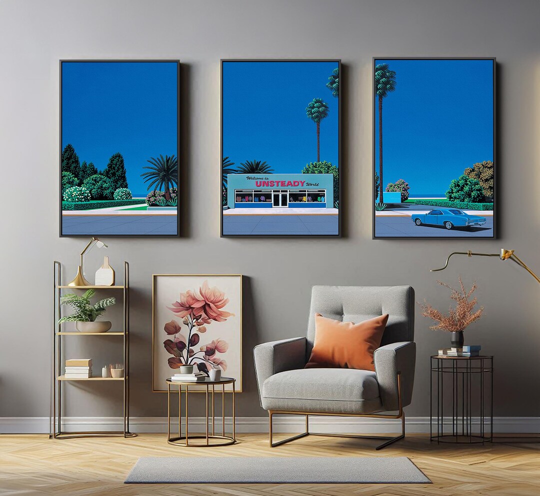 Unsteady World by Hiroshi Nagai Set of 3 , Wooden Framed Art, Japanese ...