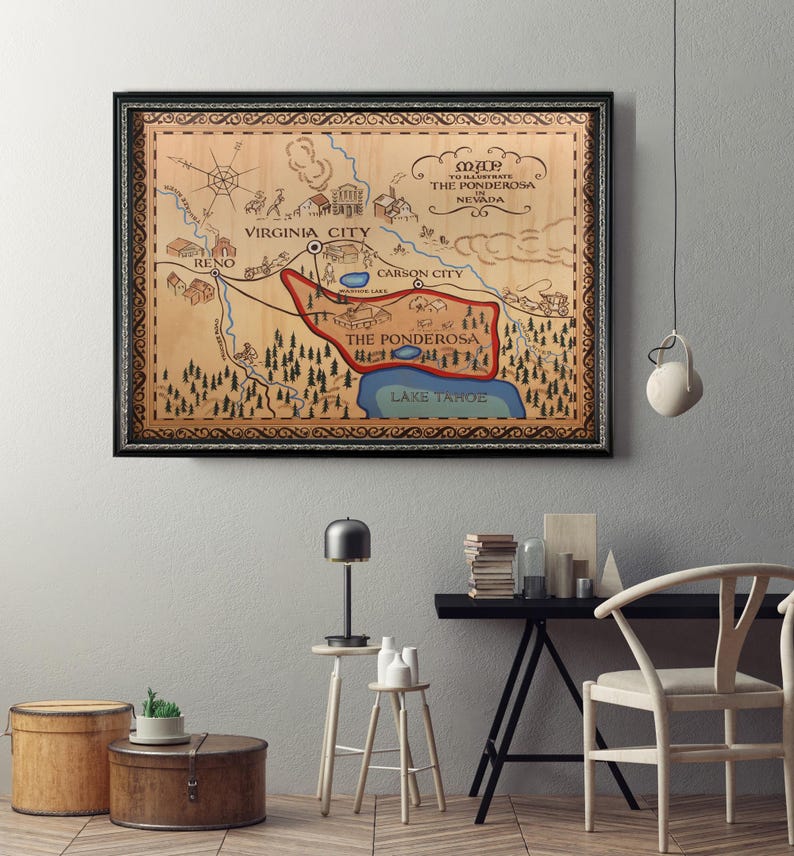 Ponderosa Map Poster, Map of the Ponderosa, Bonanza Map Canvas Art ...
