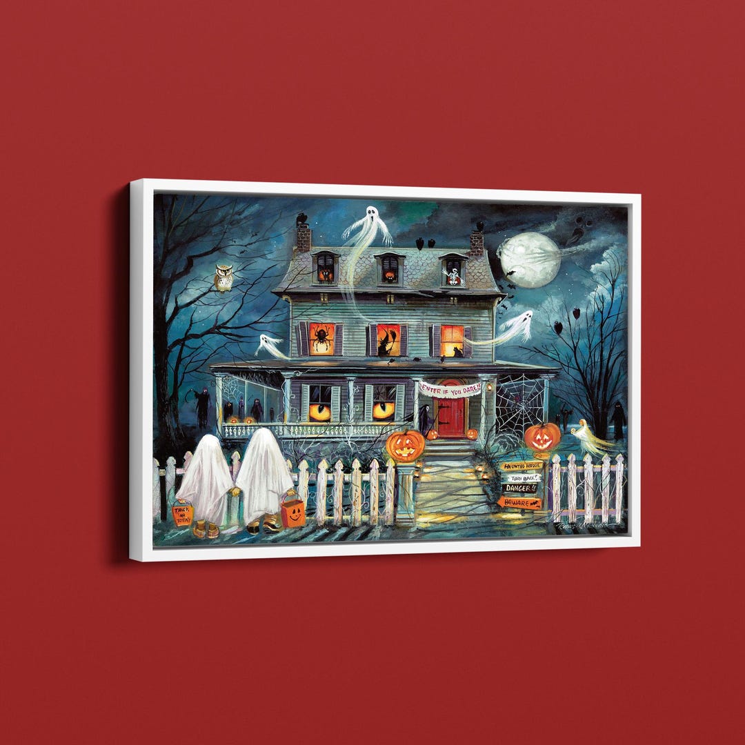 Haunted House Canvas Wall Art, Spooky Halloween Decor Print, Ghosts ...