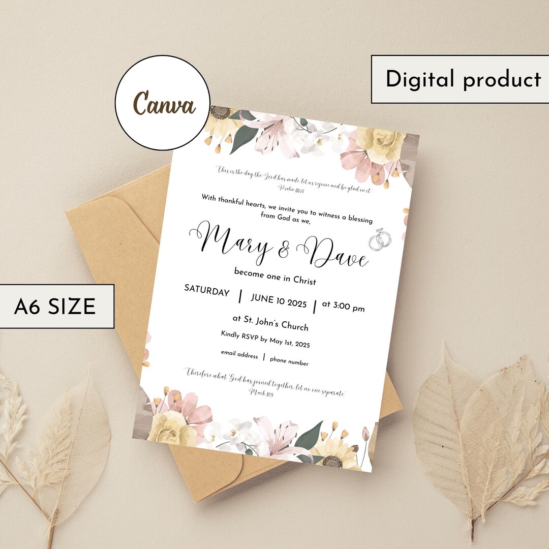 Editable Christian Wedding Invitation Template Printable Canva Template Instant Download Church ...