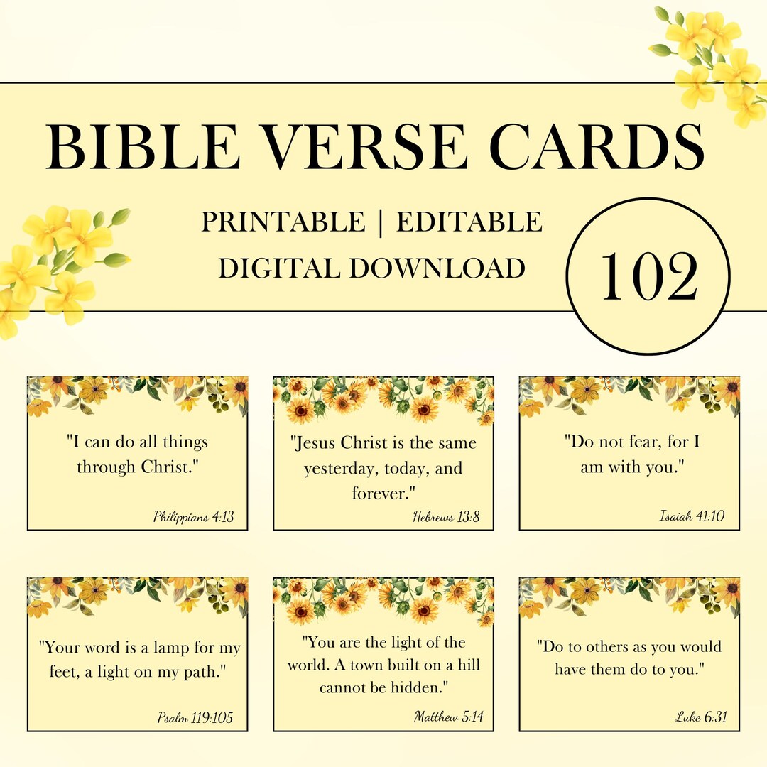 102 Bible Verse Cards Yellow Daily Bible Scriptures Printable Bible ...