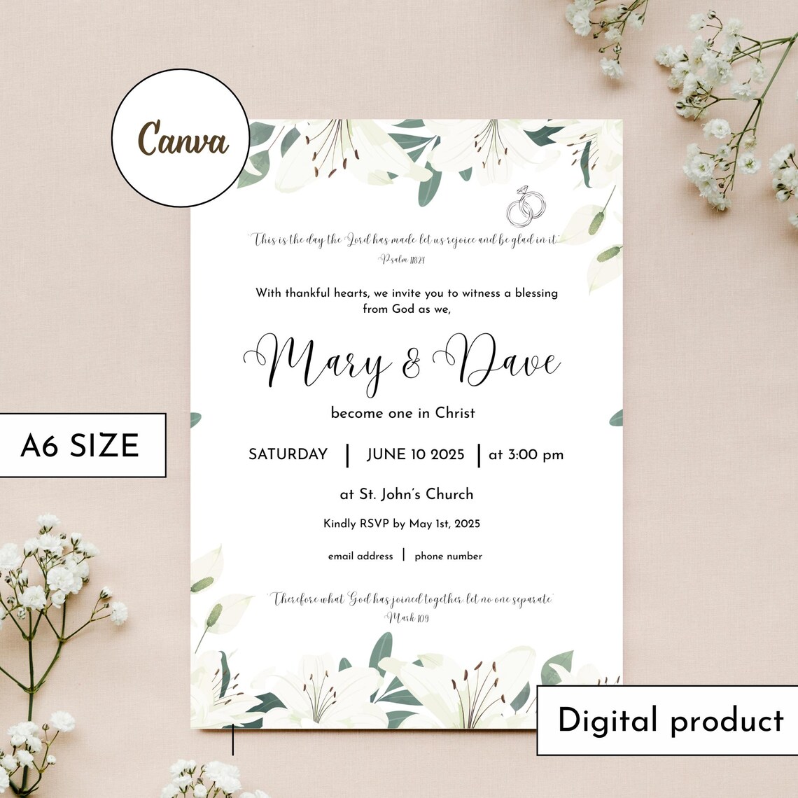 Editable Christian Wedding Invitation Template Printable Canva Template Instant Download Church ...