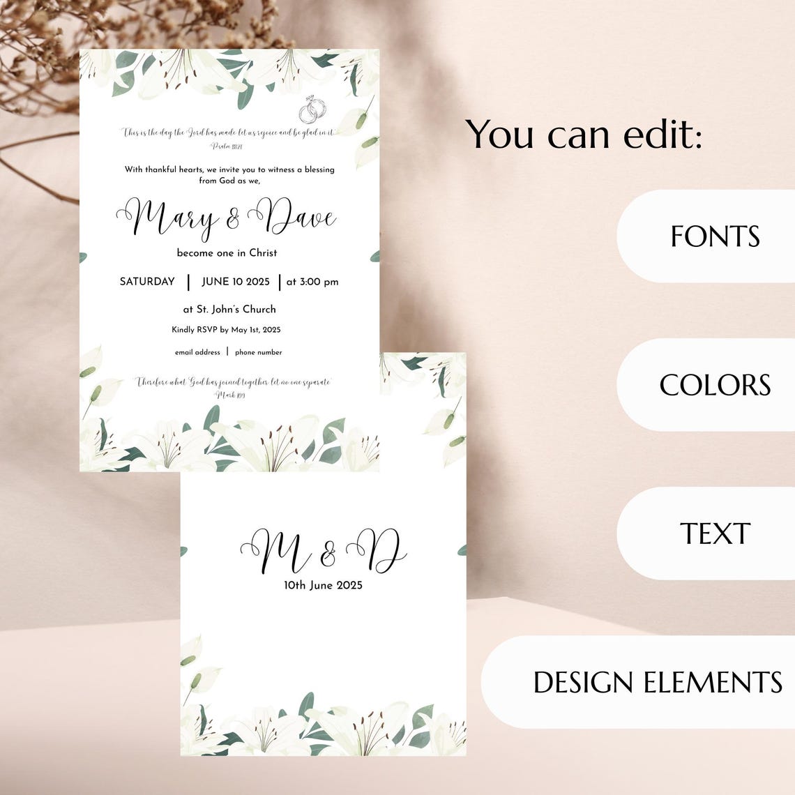 Editable Christian Wedding Invitation Template Printable Canva Template Instant Download Church ...