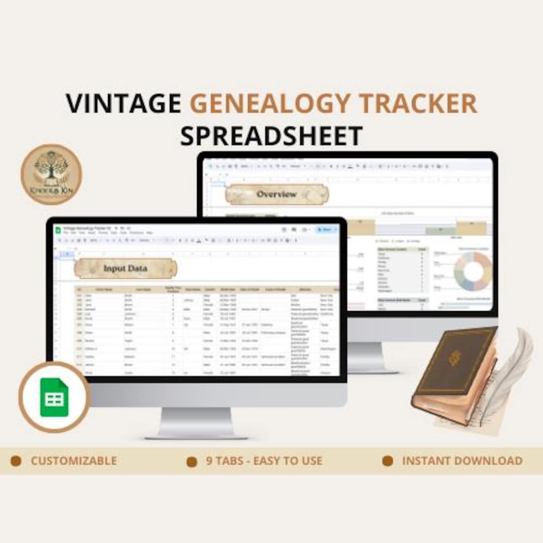 Vintage Genealogy Tracker, 9 Generation Family Tree Chart, Editable ...