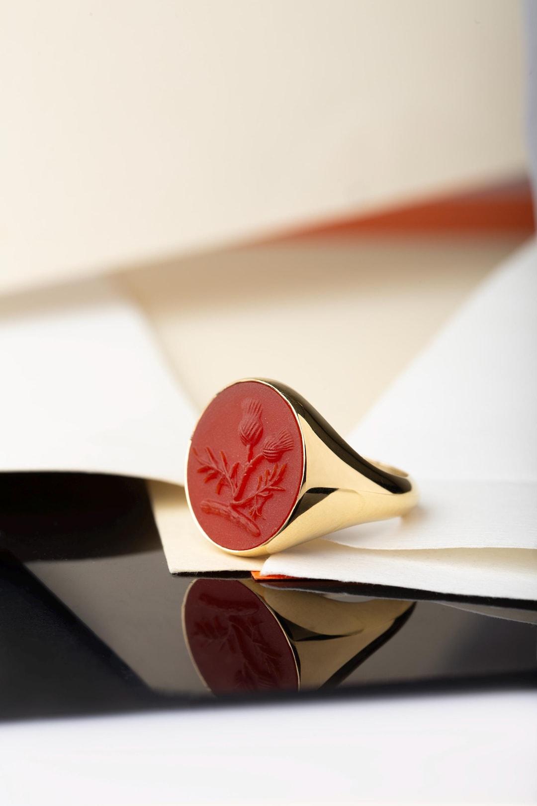 14K Gold Carnelian Intaglio Thistle Ring, Scottish Thistle Signet Ring ...
