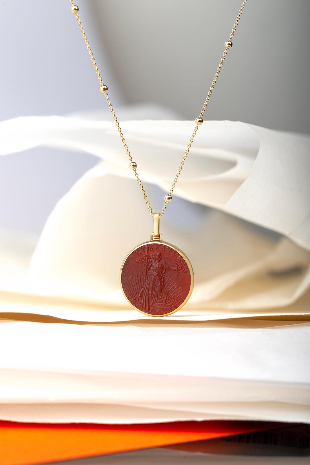 14K Gold Lady Liberty Intaglio Necklace, Red Carnelian American Eagle ...