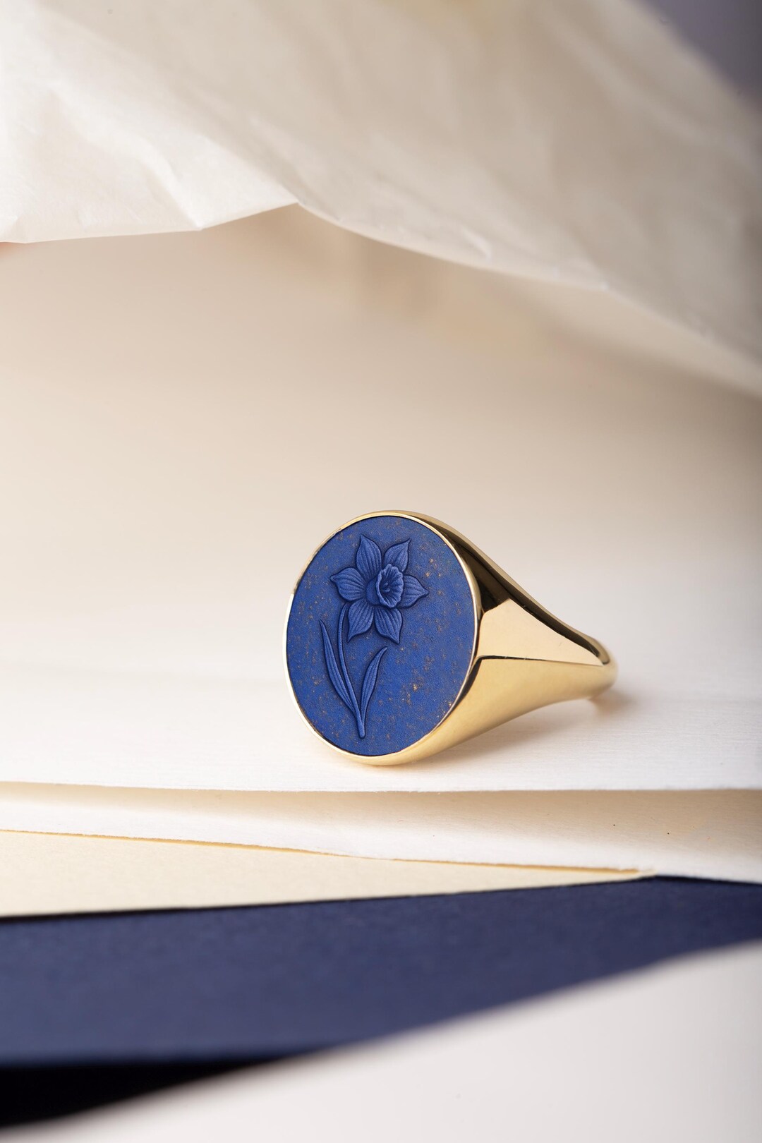 14K Gold Lapis Lazuli Intaglio Daffodil Ring, Signet Ring for Women ...