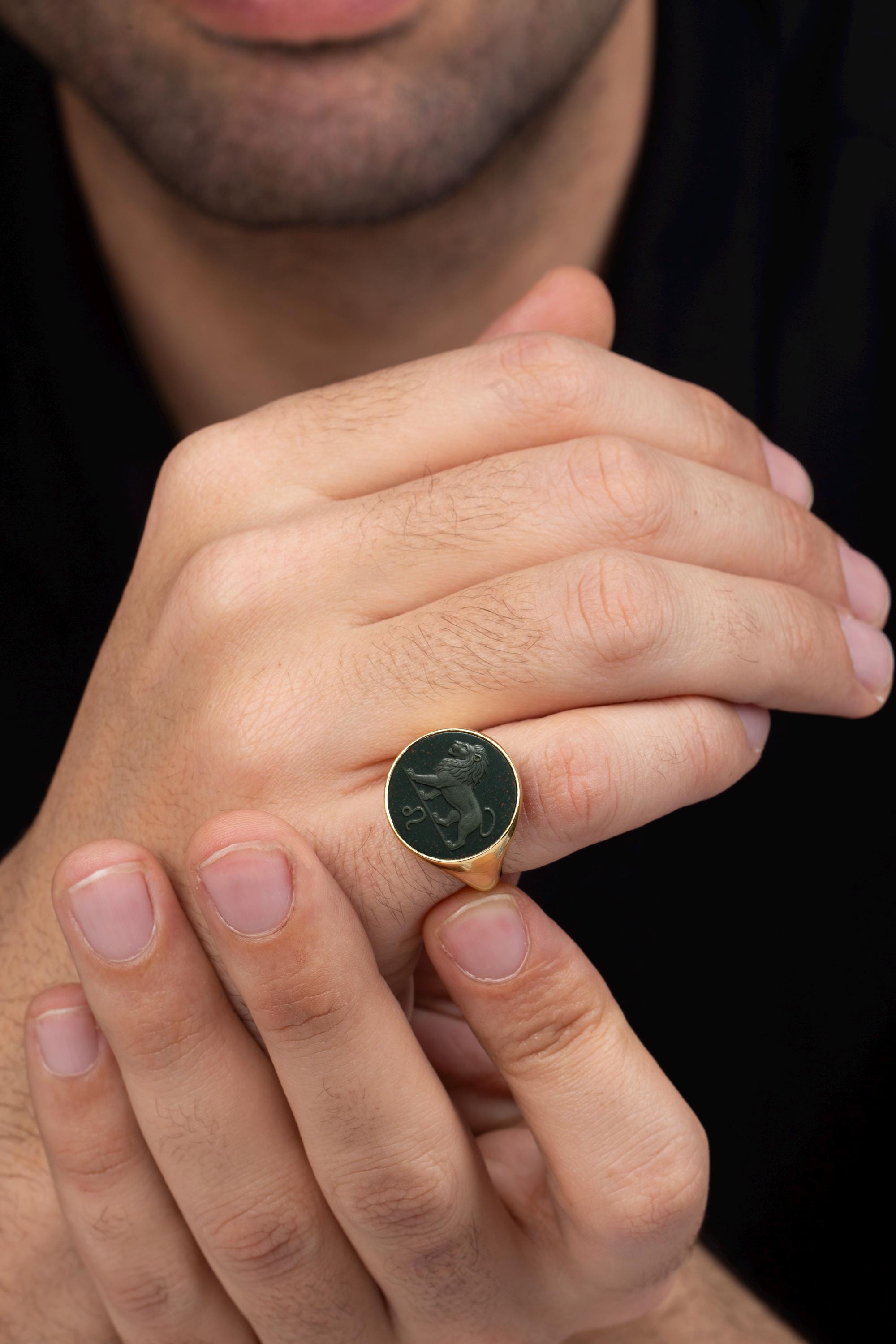 14K Gold Leo Zodiac Signet Ring, Bloodstone Cameo Signet Ring, Lion ...