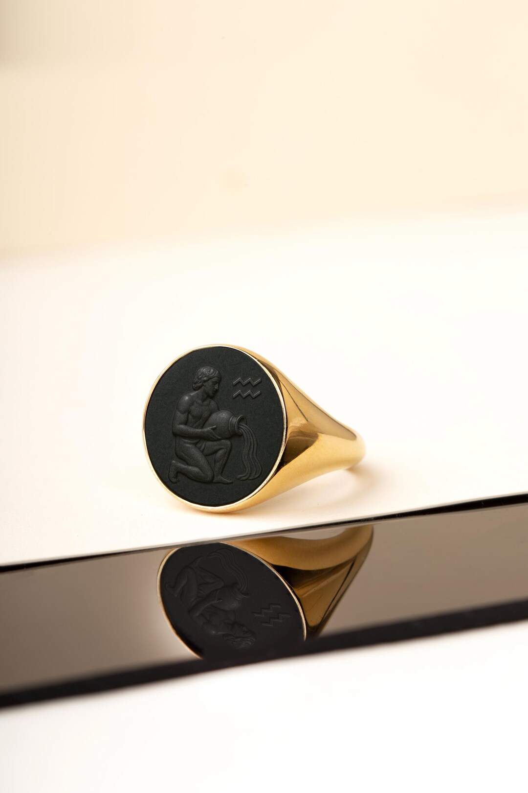 14K Solid Gold Aquarius Zodiac Sign Signet Ring, Black Onyx Cameo Ring ...