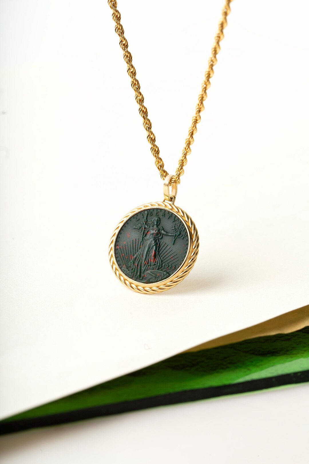 14K Gold Bloodstone American Eagle Coin Necklace, Liberty Coin Charm ...