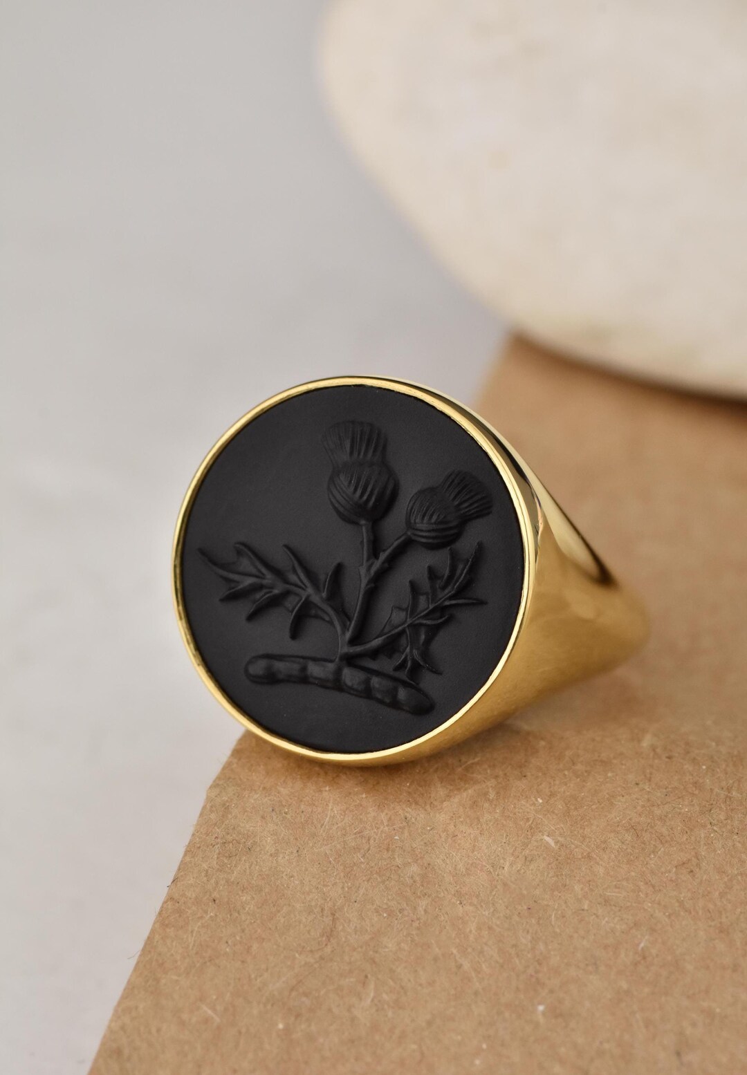 14K Solid Gold Onyx Intaglio Thistle Ring, Onyx Stone Ring ...