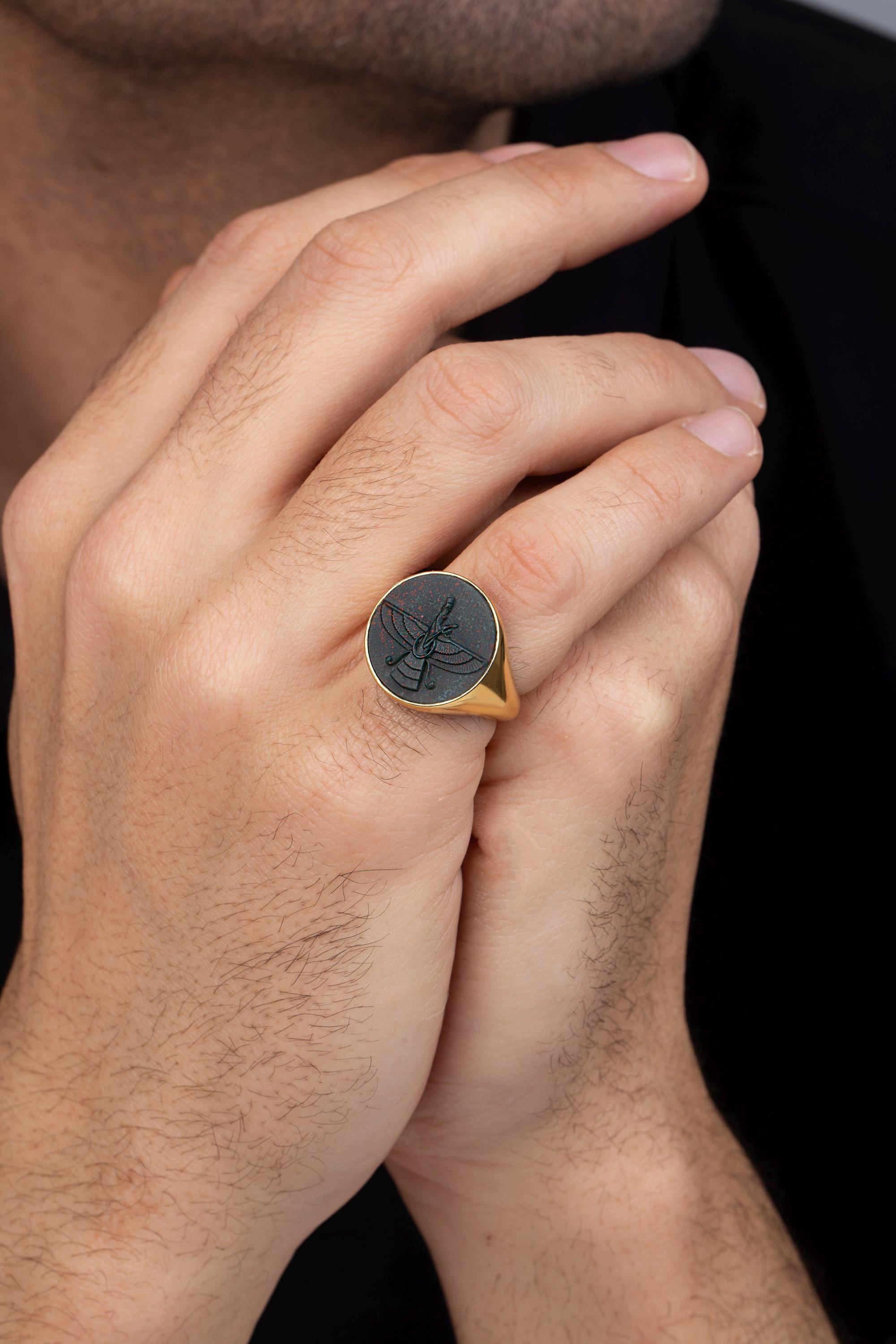 14K Gold Bloodstone Intaglio Faravahar Signet Ring, Zoroastrianism ...