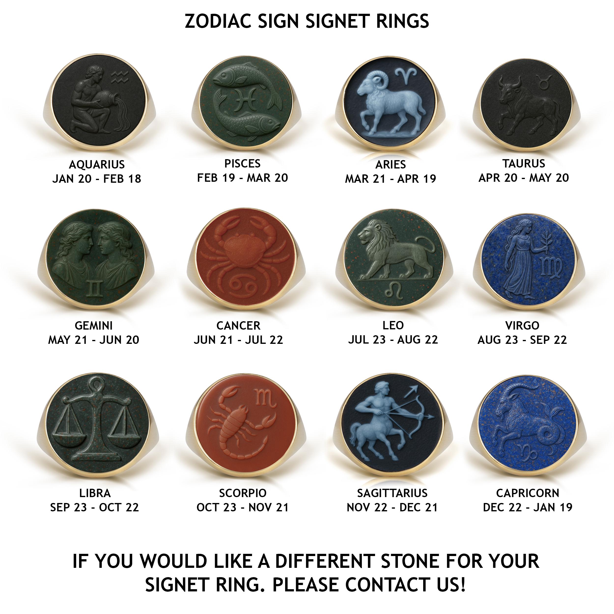14K Solid Gold Aquarius Zodiac Sign Signet Ring, Black Onyx Cameo Ring ...