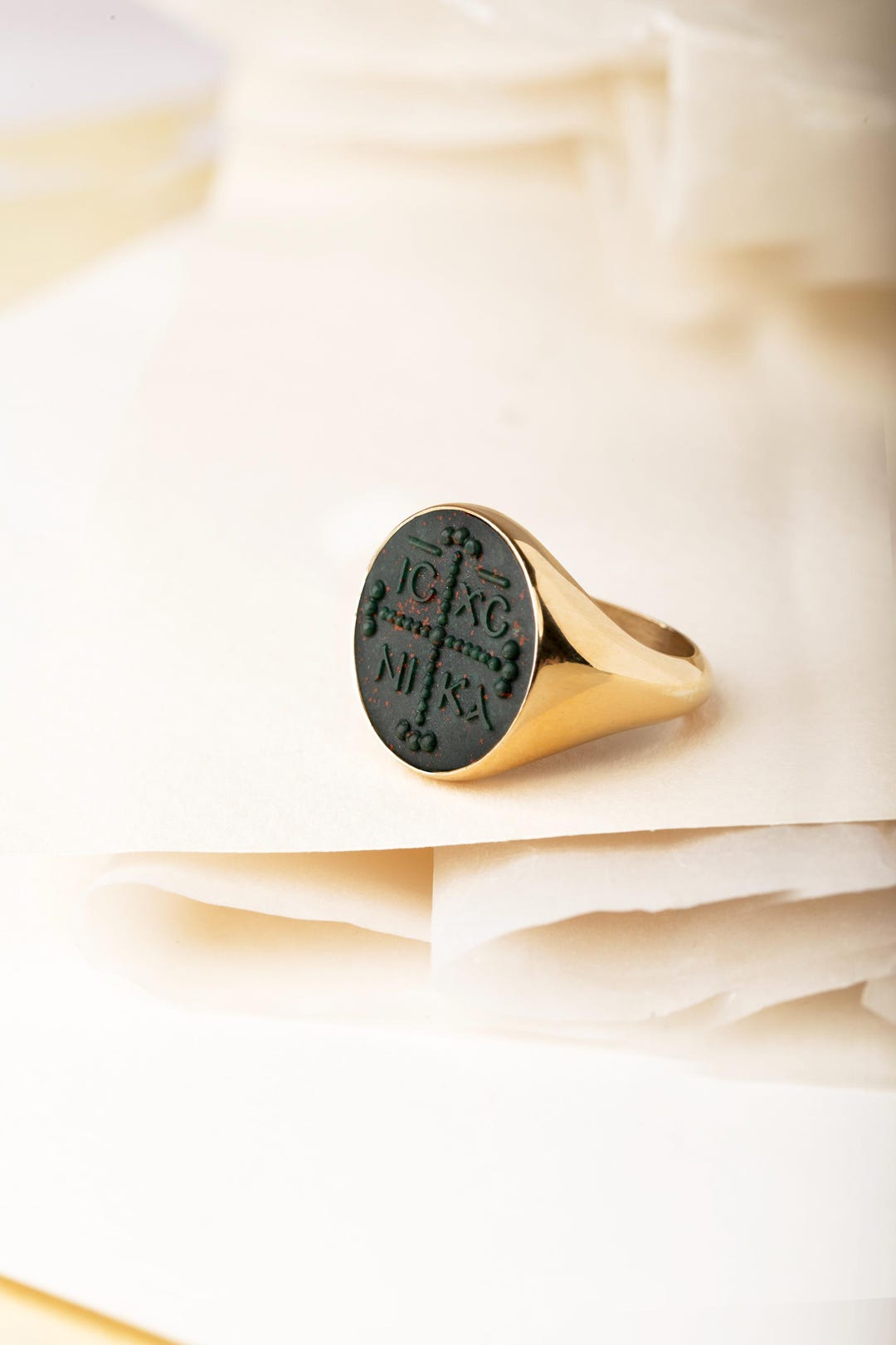 14K Solid Gold Bloodstone Intaglio Christogram Ring, Bloodstone Signet ...