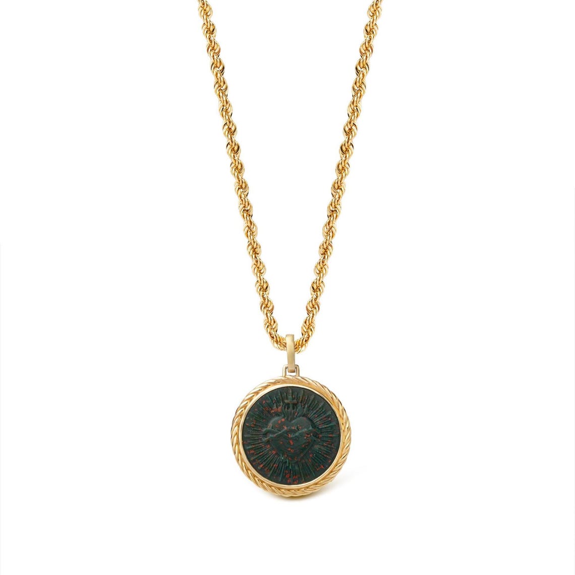 14K Gold Bloodstone Cameo Sacred Heart Necklace, Catholic Heart Amulet ...