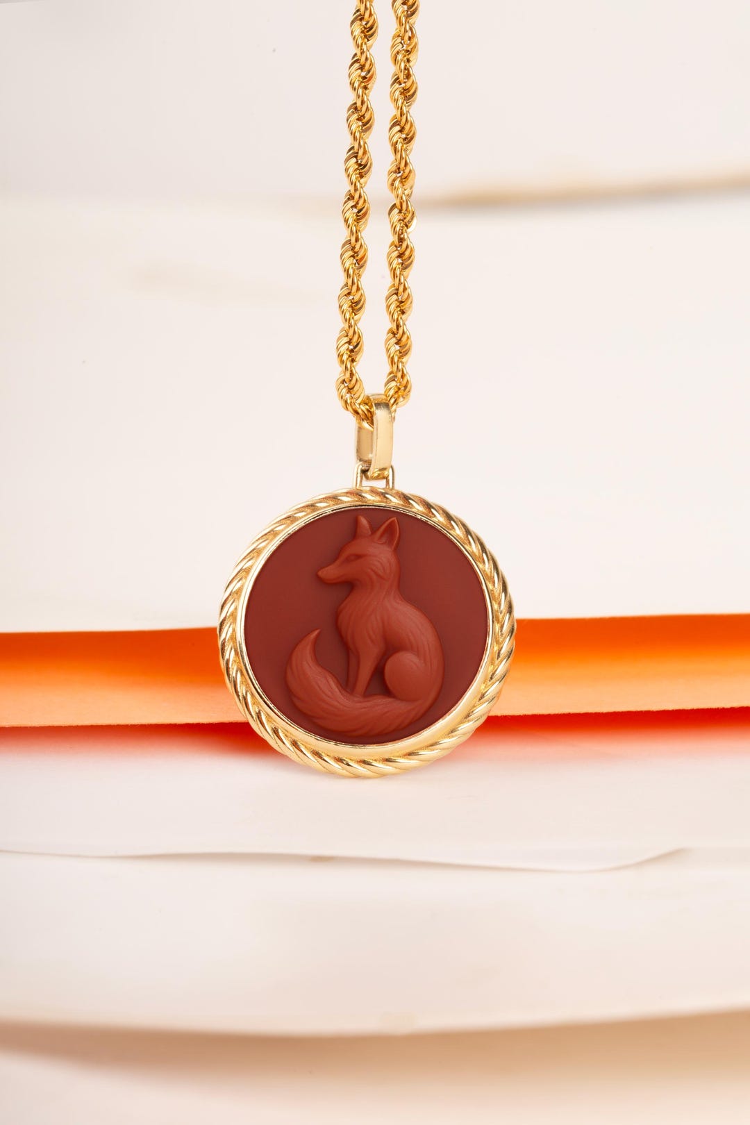 14K Solid Gold Carnelian Fox Rope Pendant, Intelligence Amulet ...