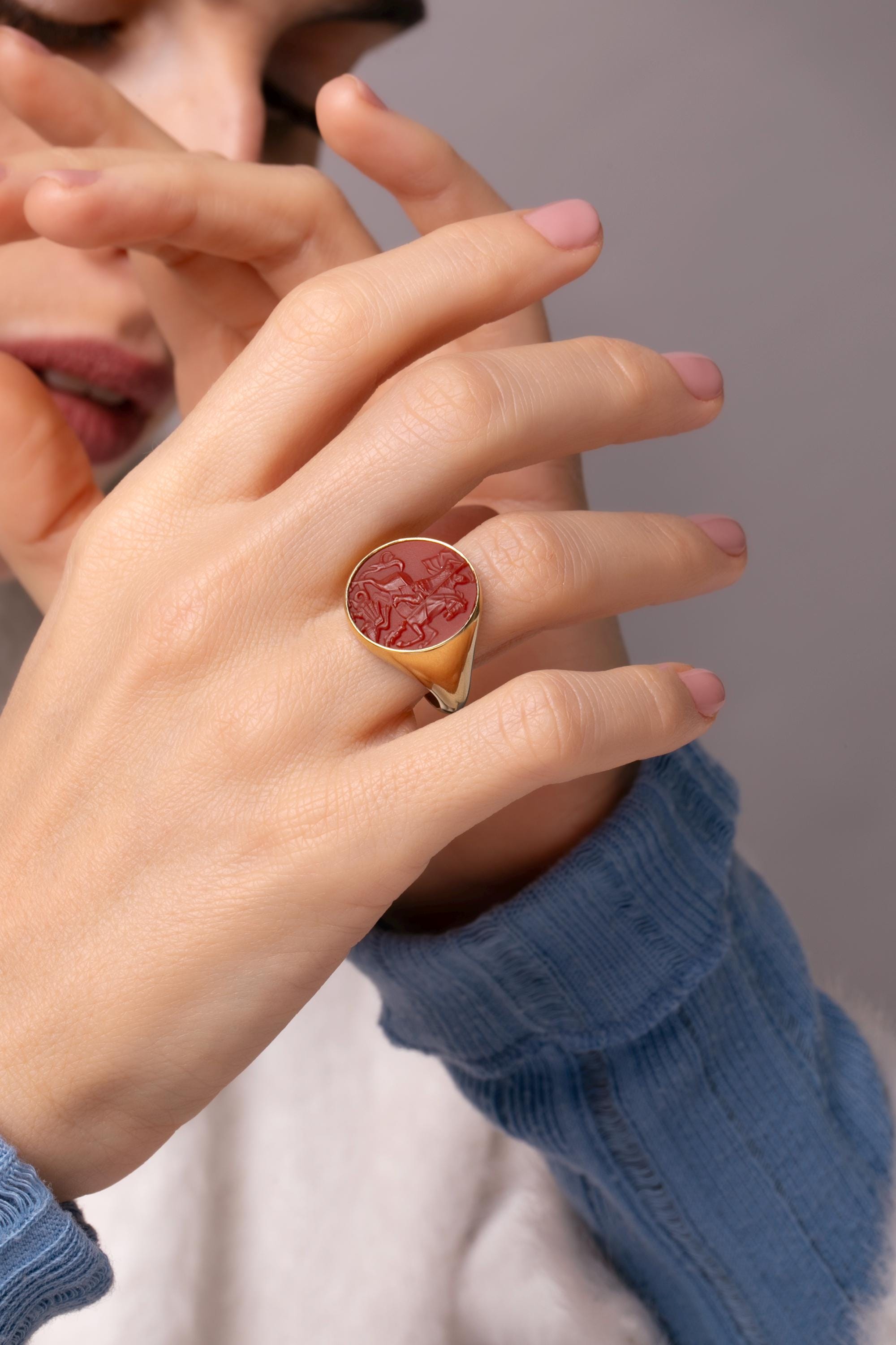 14K Gold Intaglio Carnelian St. George Ring, Saint George Slaying ...
