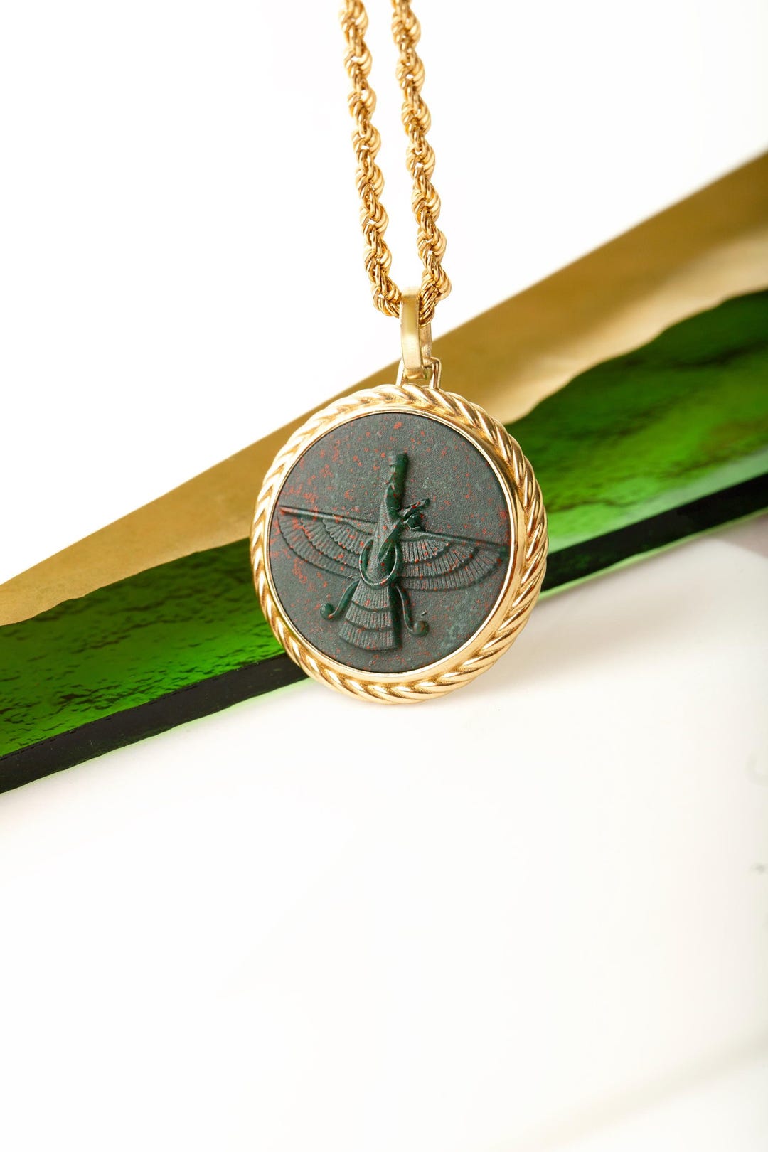 14K Gold Bloodstone Intaglio Farvahar Necklace, Custom Persian Jewelry ...