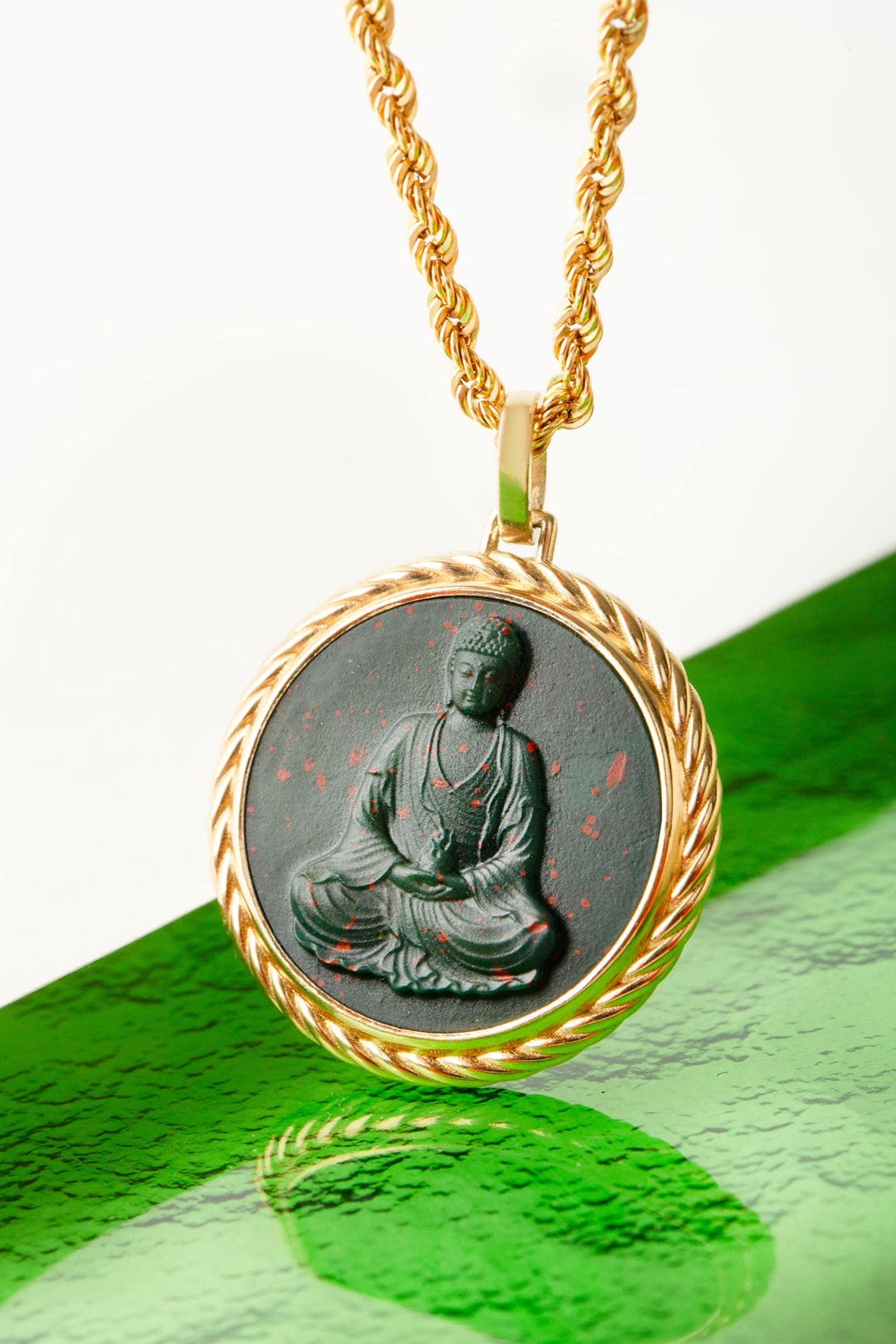 14K Gold Bloodstone Buddha Rope Pendant, Yoga Jewelry, Zen Buddha ...