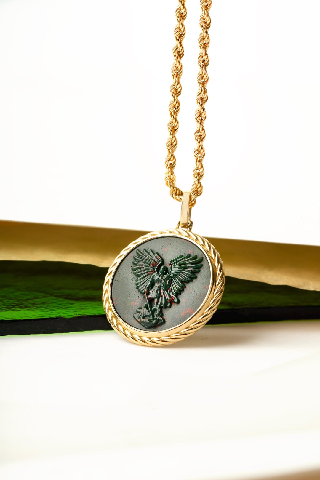14K Gold Bloodstone Intaglio St. Michael Rope Pendant, Michael ...