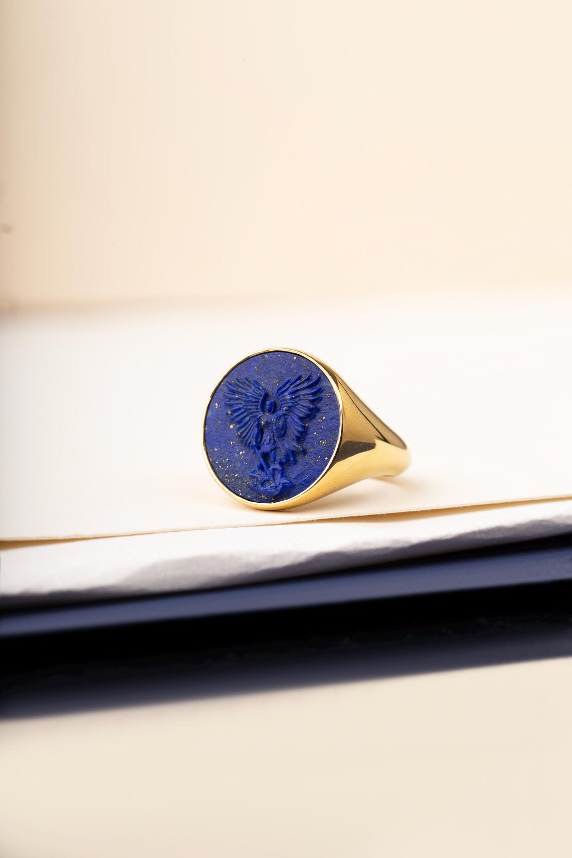 14K Gold Lapis Lazuli Michael Archangel Ring, Carved Lapis Signet Ring ...