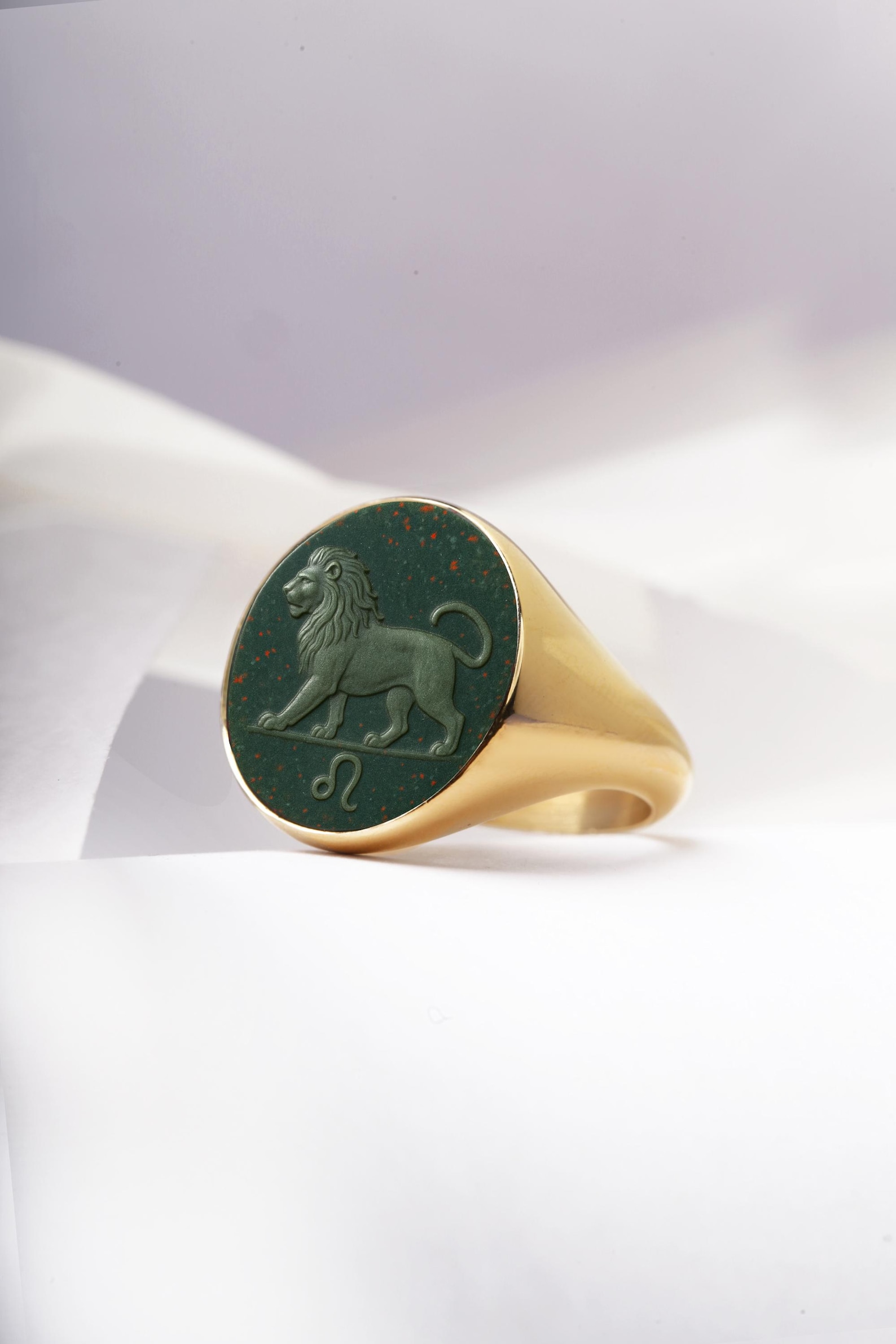 14K Gold Leo Zodiac Signet Ring, Bloodstone Cameo Signet Ring, Lion ...