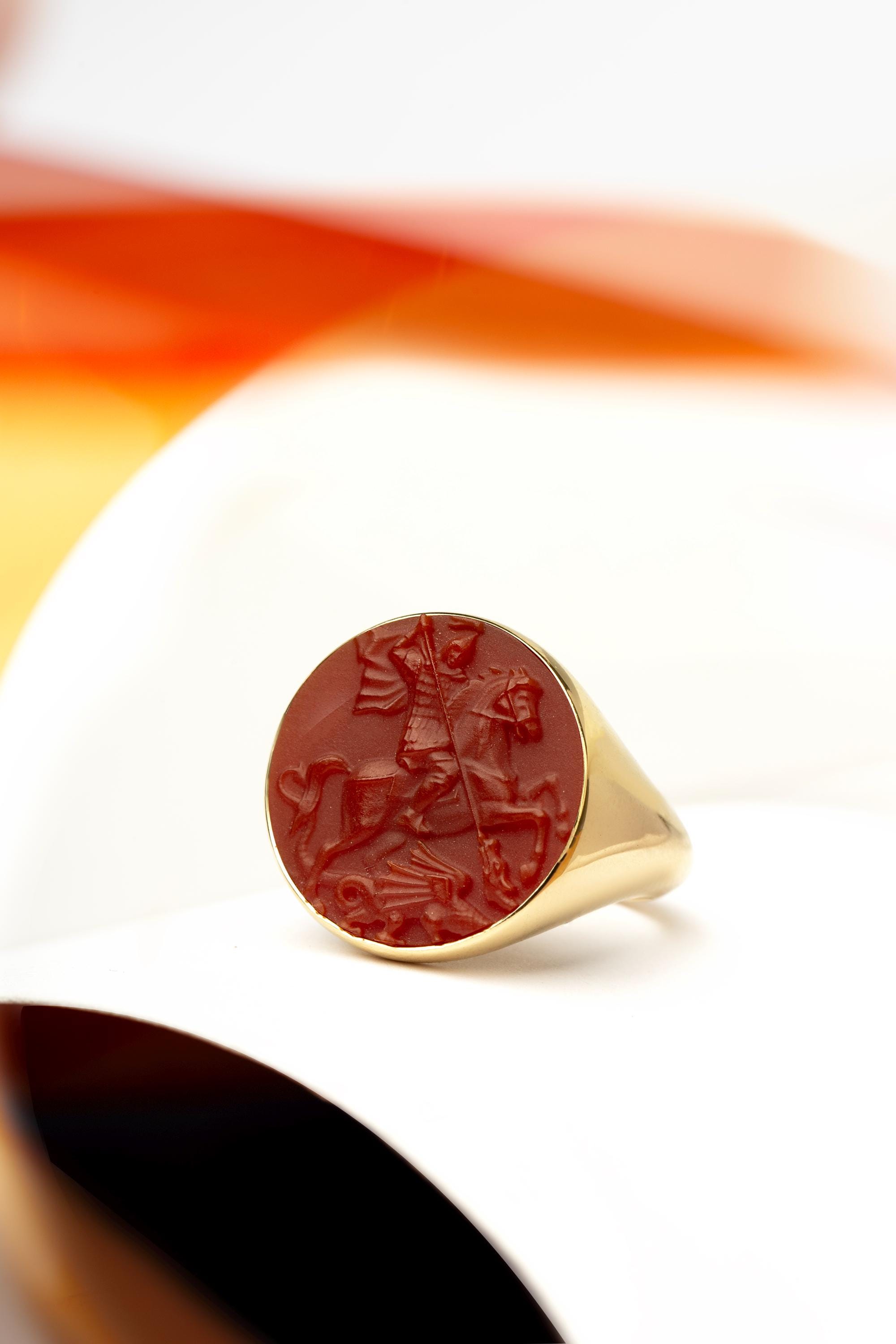 14K Gold Intaglio Carnelian St. George Ring, Saint George Slaying ...