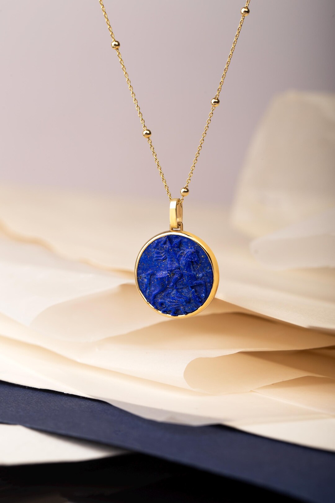 14K Gold Saint George Lapis Lazuli Intaglio Necklace, Engraved ...