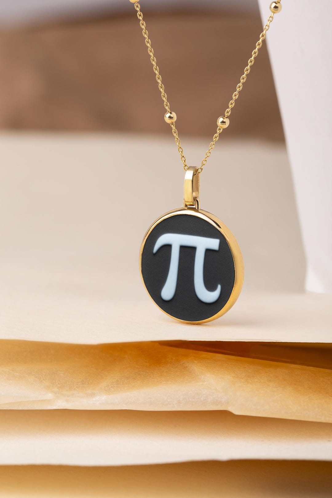 14K Gold Math Sardonyx Intaglio Necklace, Black & Blue Cameo Pi Pendant ...