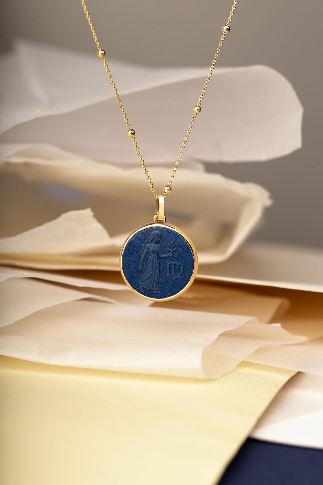 Gold Virgo Sign Cameo Necklace, Zodiac Sign Pendant for Men & Women ...