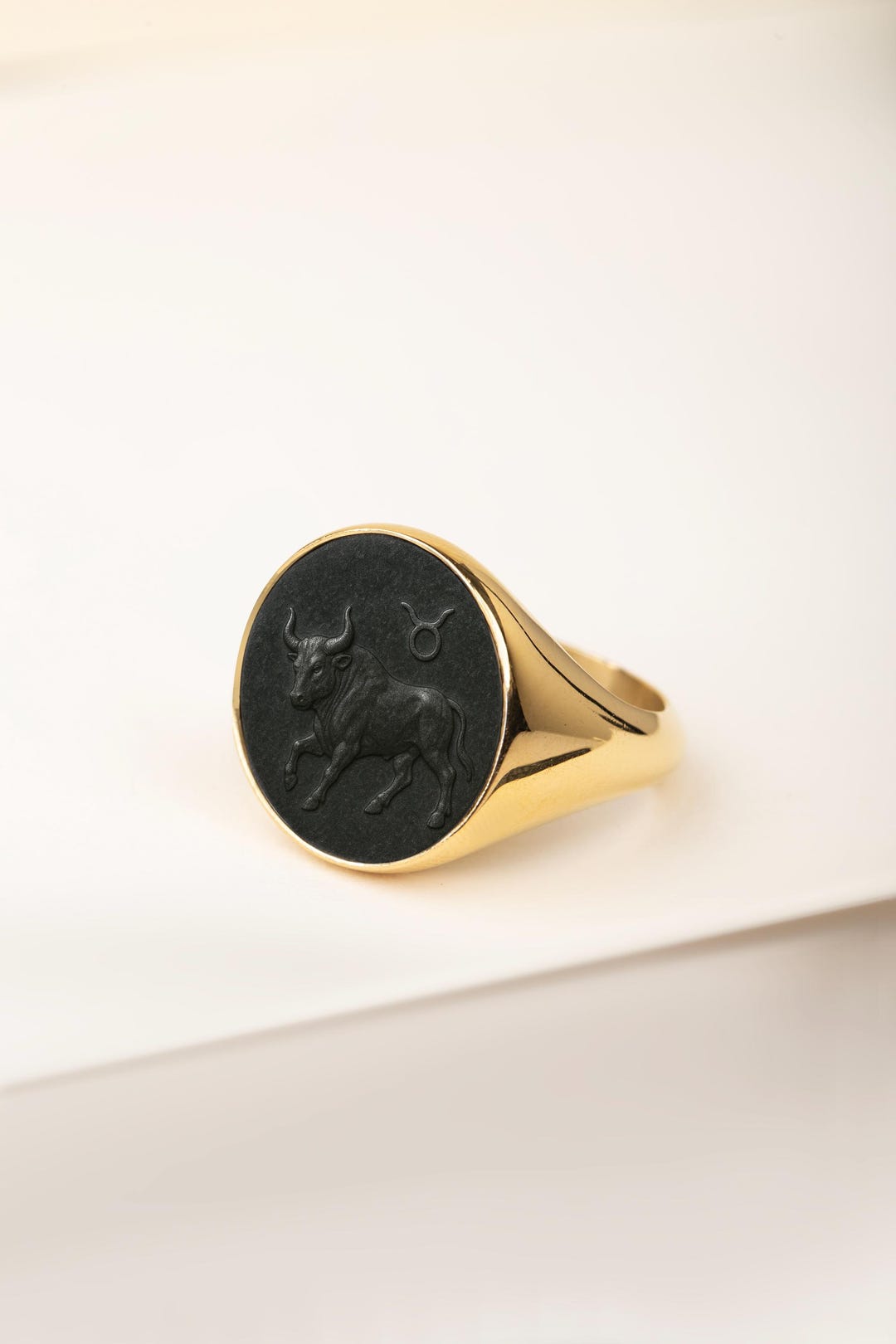 14K Solid Gold Taurus Zodiac Sign Signet Ring, Black Onyx Cameo Ring ...