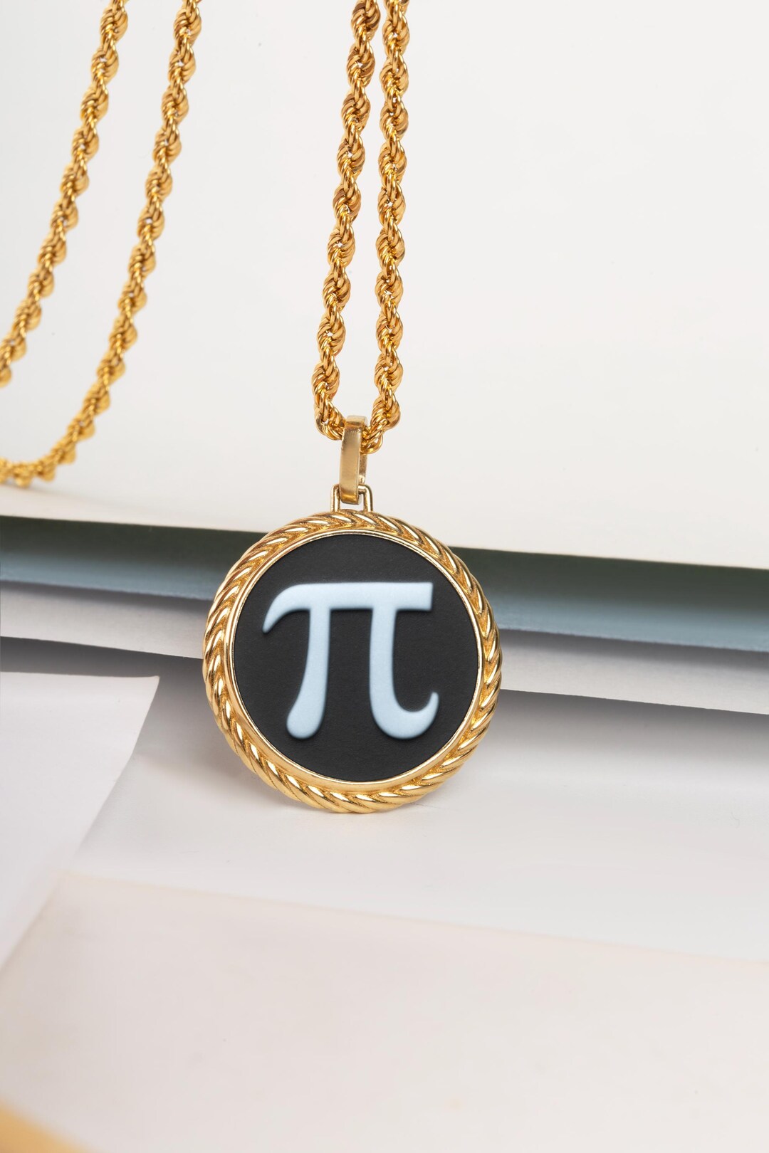 14K Gold Math Sardonyx Cameo Necklace, Black & Blue Intaglio Pi Pendant ...
