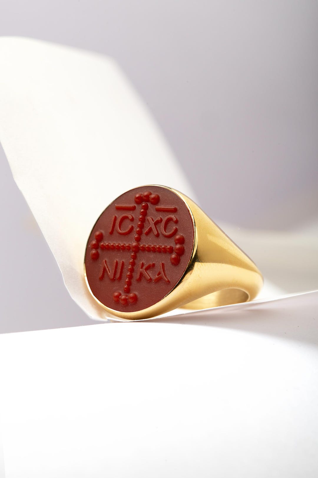 14K Solid Gold Carnelian Intaglio Greek Cross Ring, Christogram Signet ...